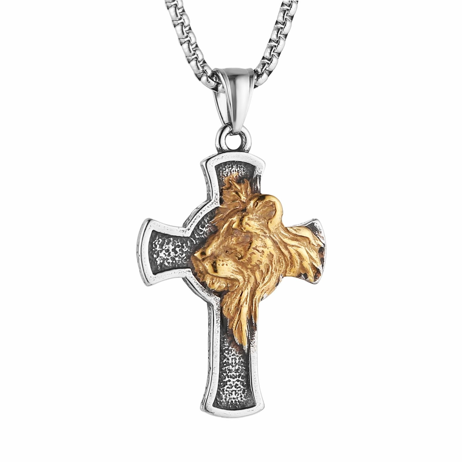 HZMAN Stainless Steel Cross Necklace for Men Women Retro Religious Lion ...