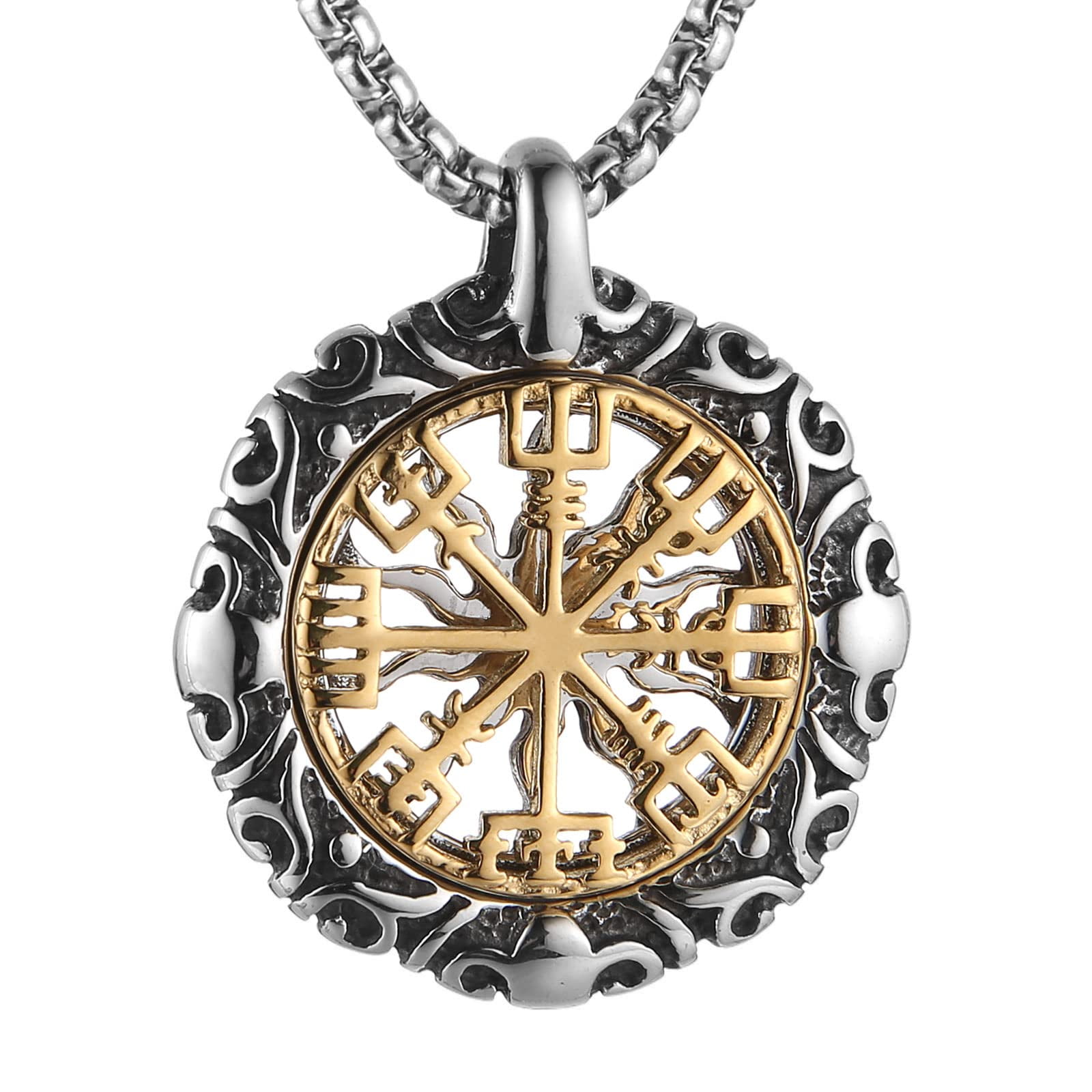 HZMAN Viking Vegvisir Norse Compass Stainless Steel Necklace Double ...