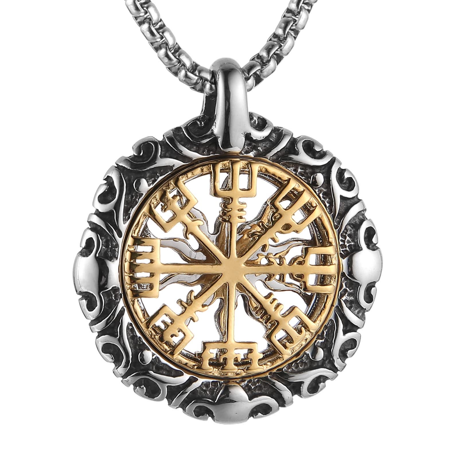 HZMAN Viking Vegvisir Norse Compass Stainless Steel Necklace Double ...