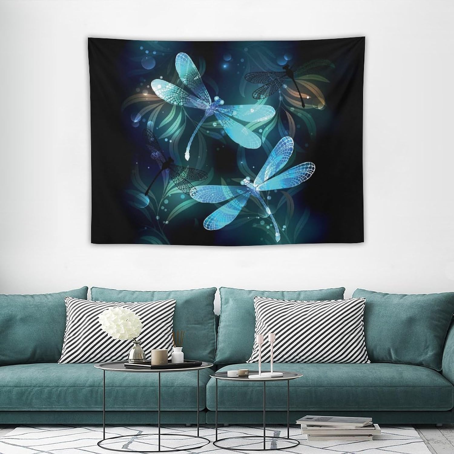 HZOHNAGO Dragonfly Tapestry Rustic White Wooden Board Watercolor Floral ...