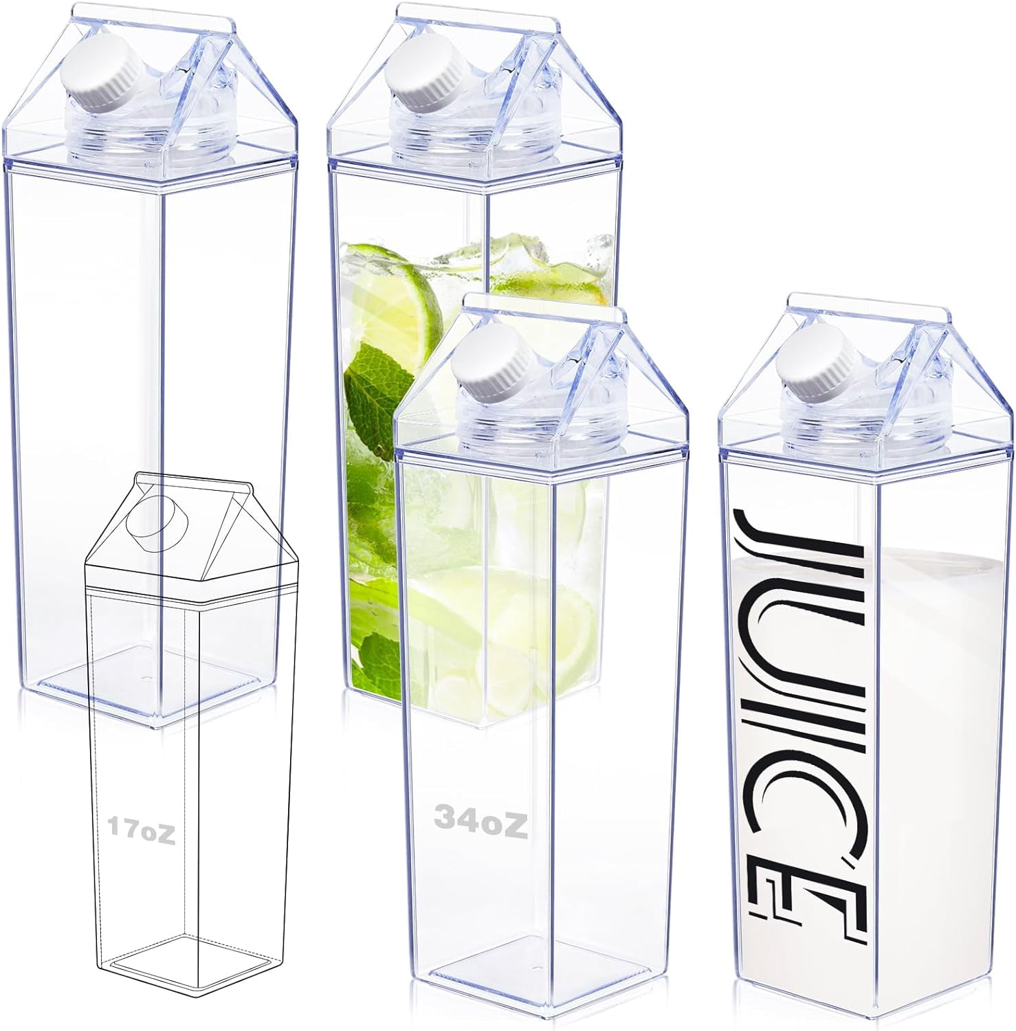 HZY 4Pcs 34 Oz Milk Carton Water Bottle, Clear Plastic Square Milk ...
