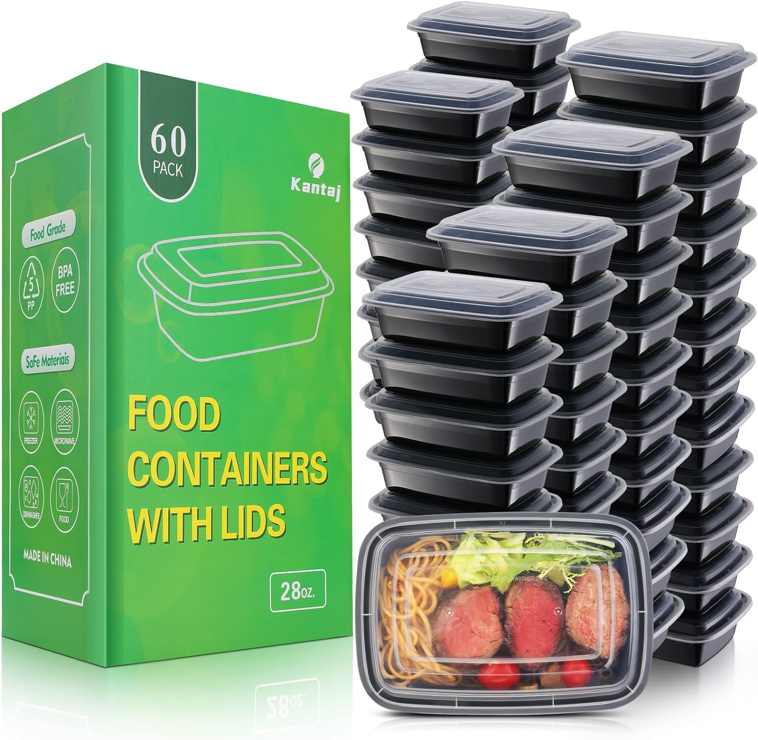 HZY 60-Pack Plastic Food Containers with Lids (28 oz) Meal Prep ...