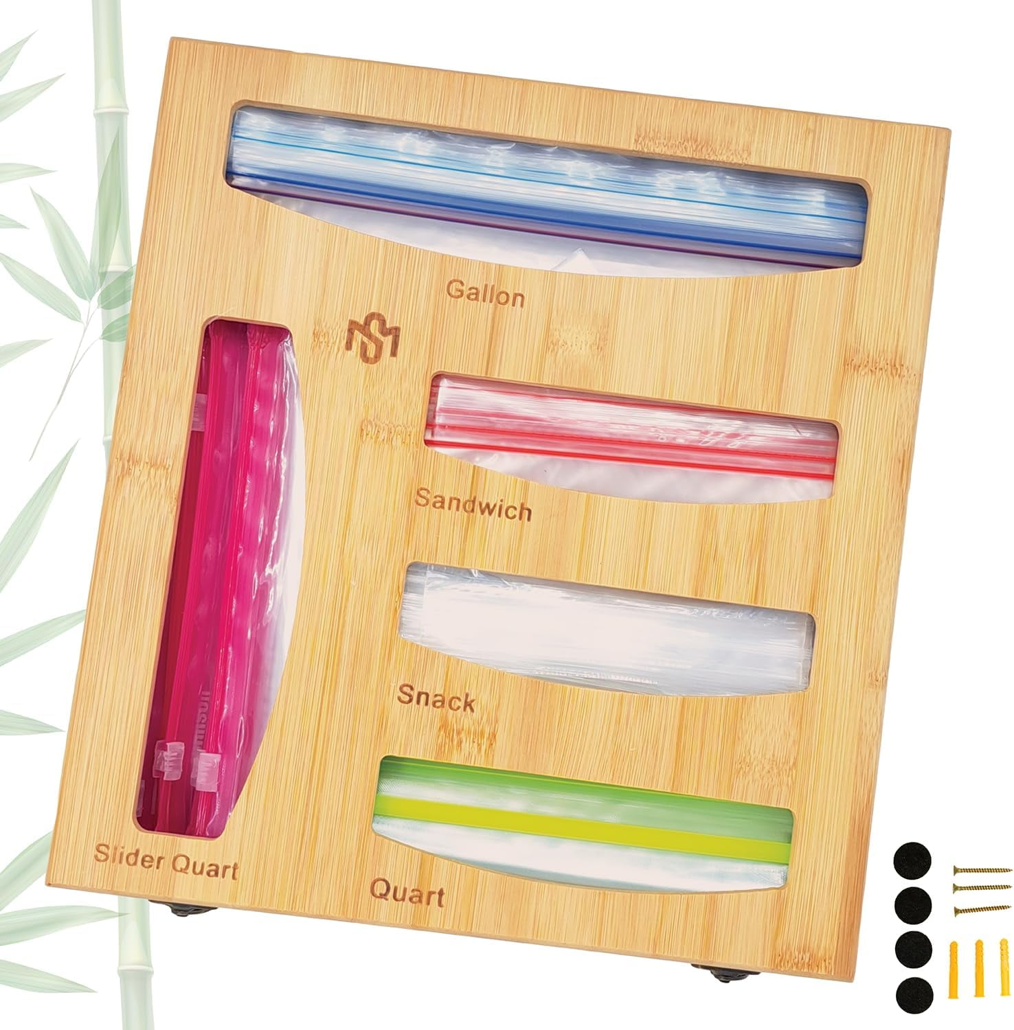 HZY Bamboo Ziplock Bag Storage Box Baggie Organizer for Drawer or Wall Mount, Compatible with ...