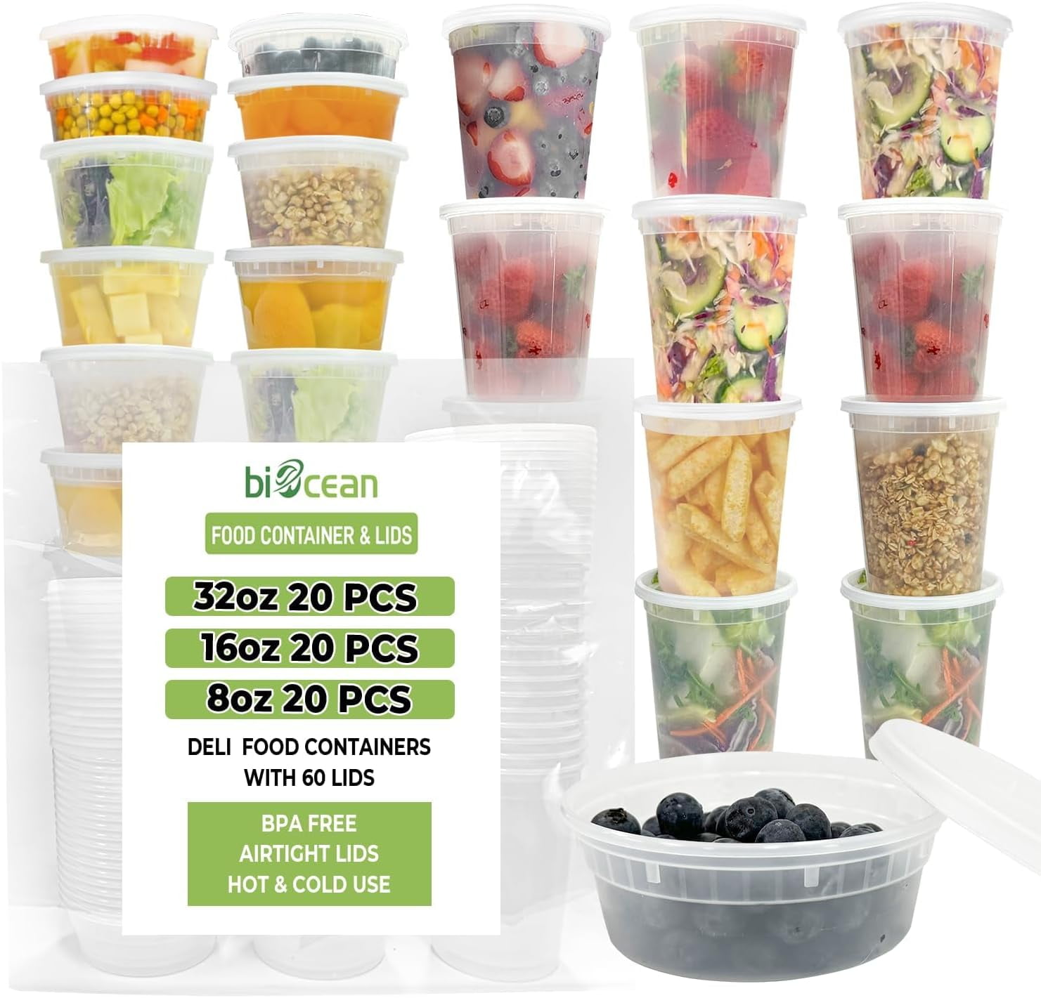 HZY Deli Containers with Lids 60-Pack (8, 16, 32 oz - 20 Sets Each Size ...