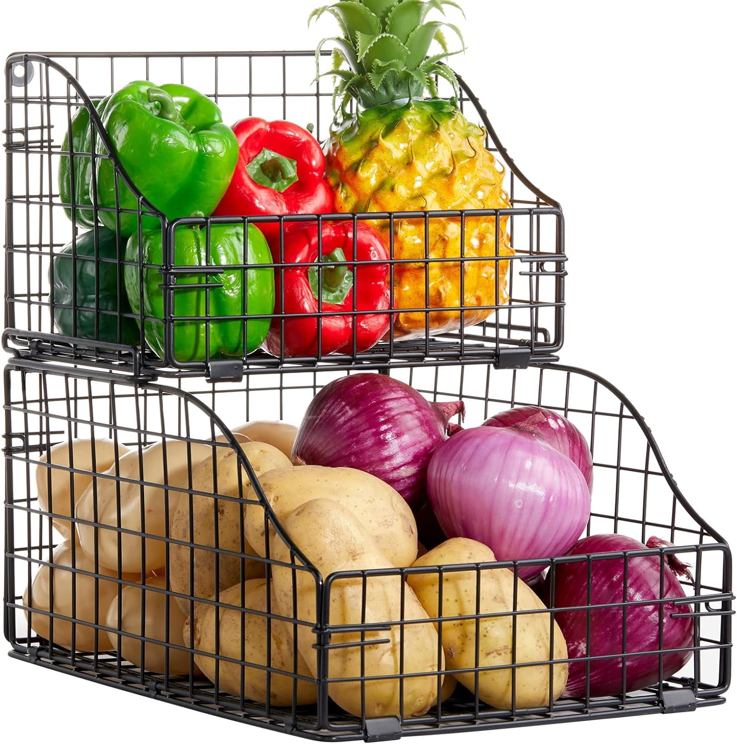 HZY Stackable Wire Baskets, 2-Tier Wall-Mounted & Countertop Potato ...
