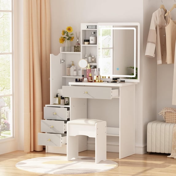 HZshop Vanity Desk w/Sliding Lighted Mirror, Makeup Vanity Table w ...