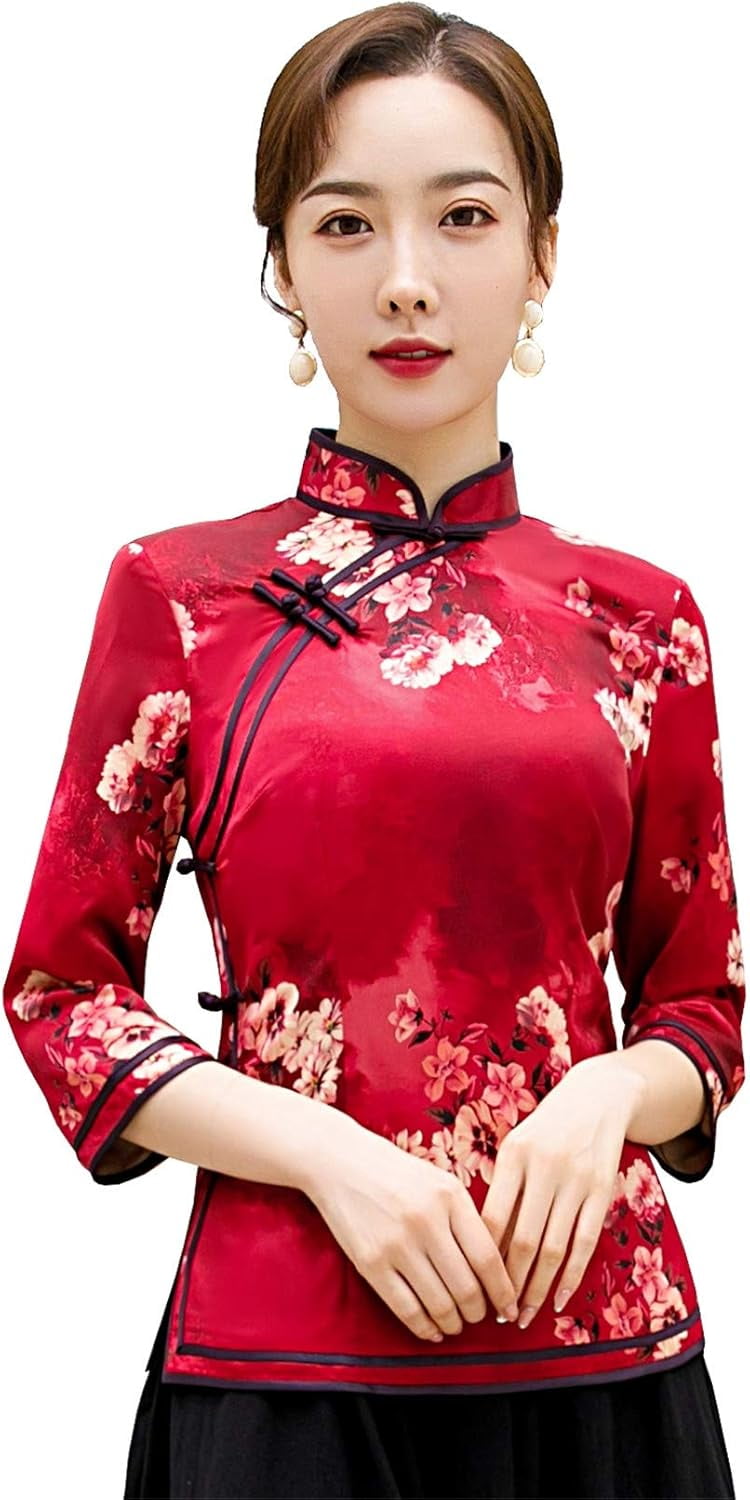 HaBrat Faux Silk Cheongsam Top Qipao Shirt Chinese Blouse with Black ...