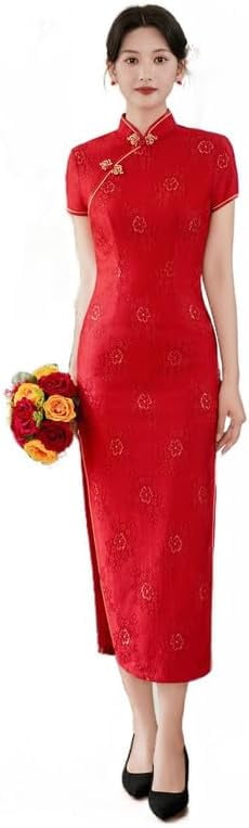 HaBrat High Split Women's Long Cheongsam Dress Short Sleeve Mandarin ...