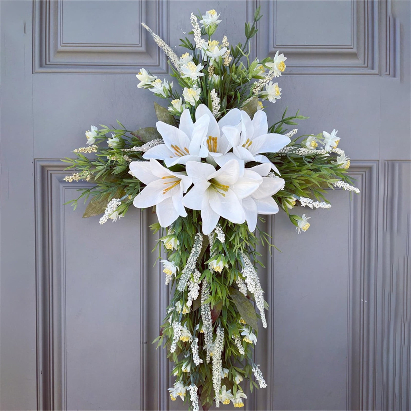 HaCpiu Lily Cross Wreath for Front Door, 19.6" White Easter Cross ...