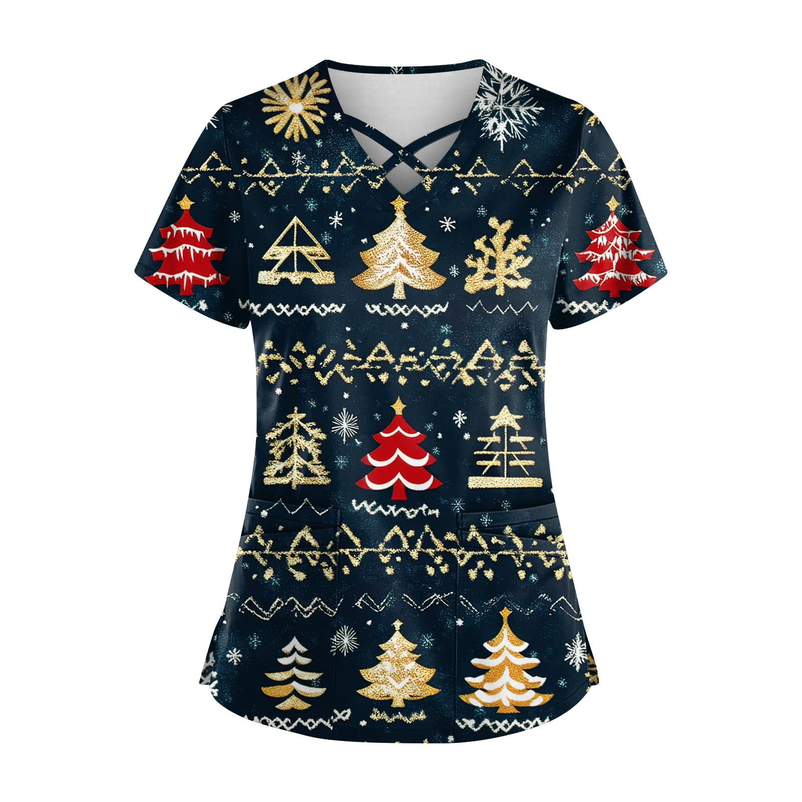 HaHaHappy Christmas Scrubs Tops for Women Print Snowflake Short Sleeve ...