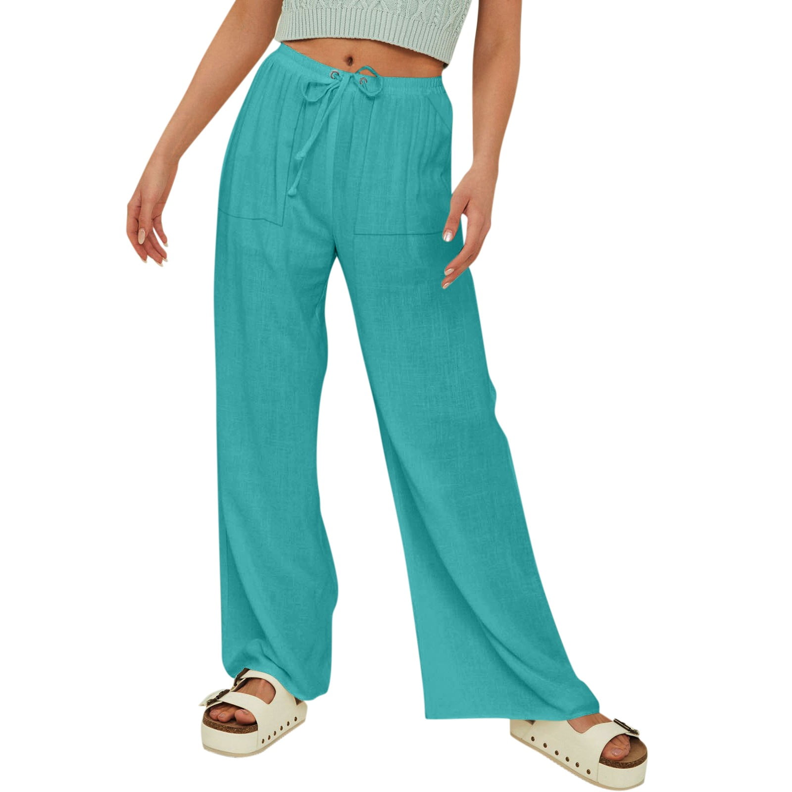 Hahahappy Cotton Linen Pants For Women Summer Drawstring High Waisted