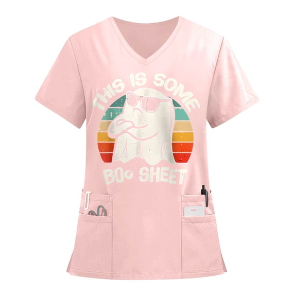 HaHaHappy Halloween Scrubs for Women Plus Size V Neck Horror Letter and ...