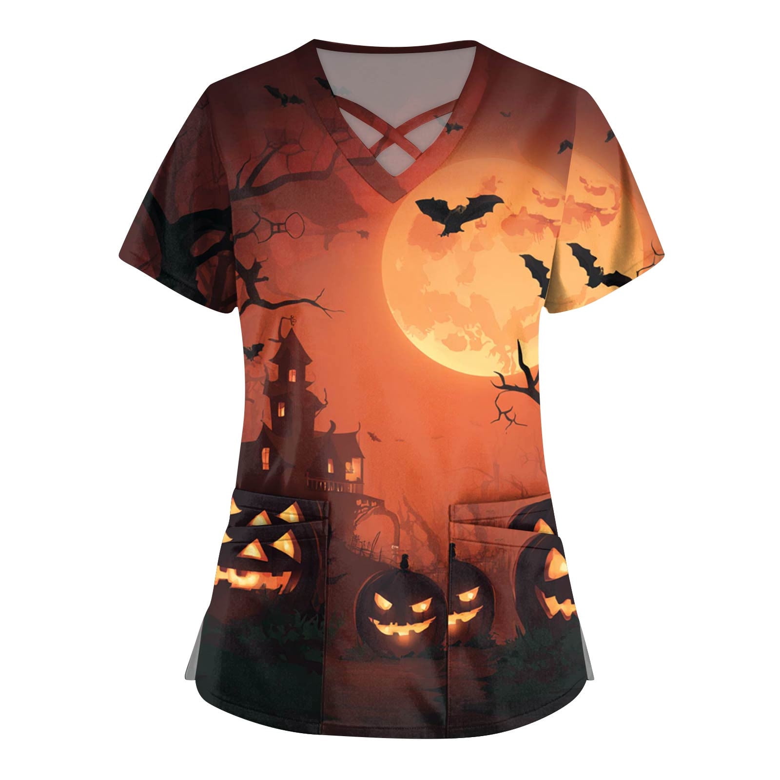 HaHaHappy Halloween Womens Scrubs Plus Size Short Sleeve Spooky Castle ...
