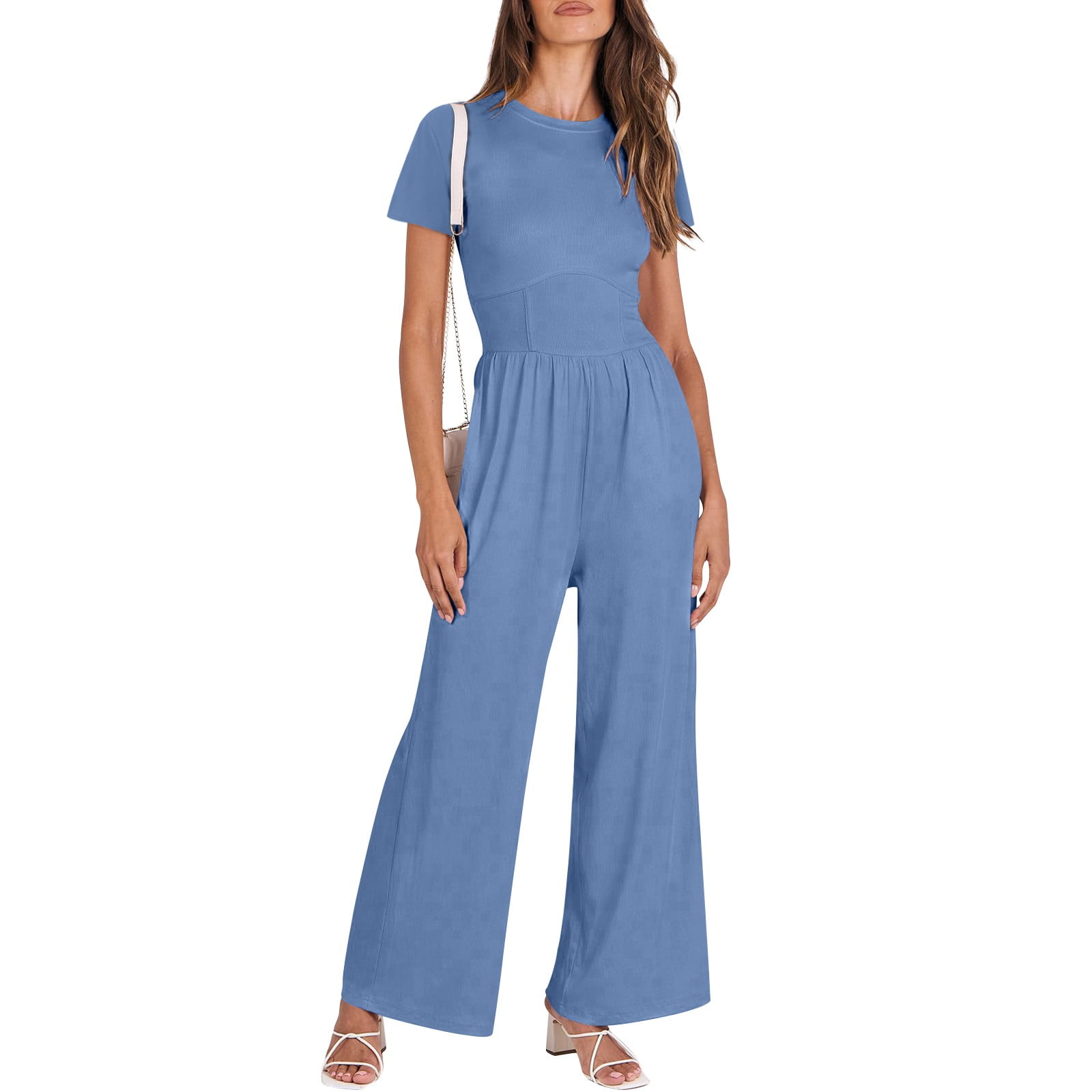 Hahahappy One Piece Jumpsuits For Women Wide Leg Short Sleeve Crew Neck
