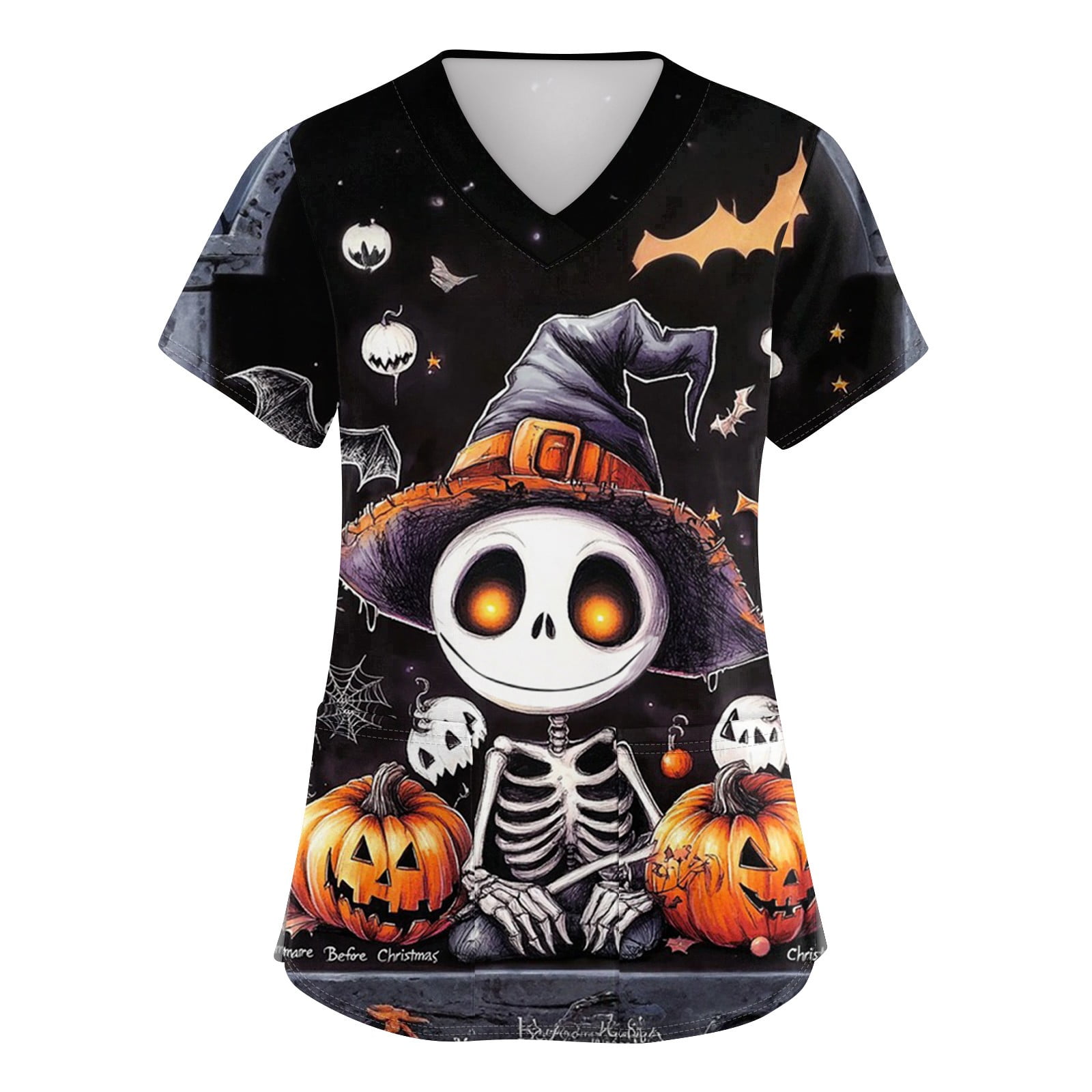 HaHaHappy Scrubs for Women Halloween Plus Size V Neck Spooky Skeleton ...