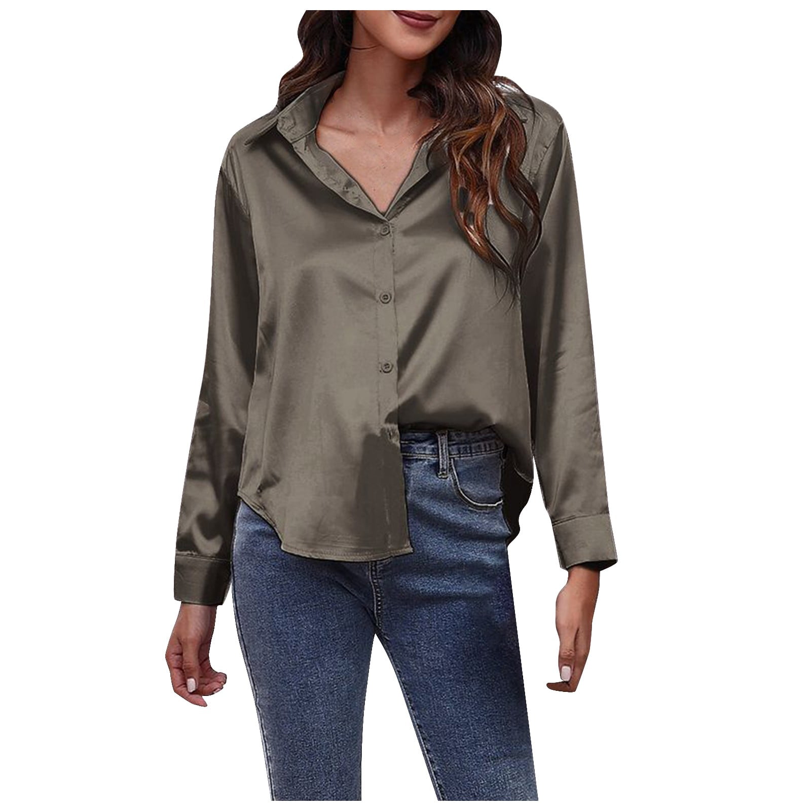 HaHaHappy Women's Satin Silk Blouses Button Down Shirt Long Sleeve ...