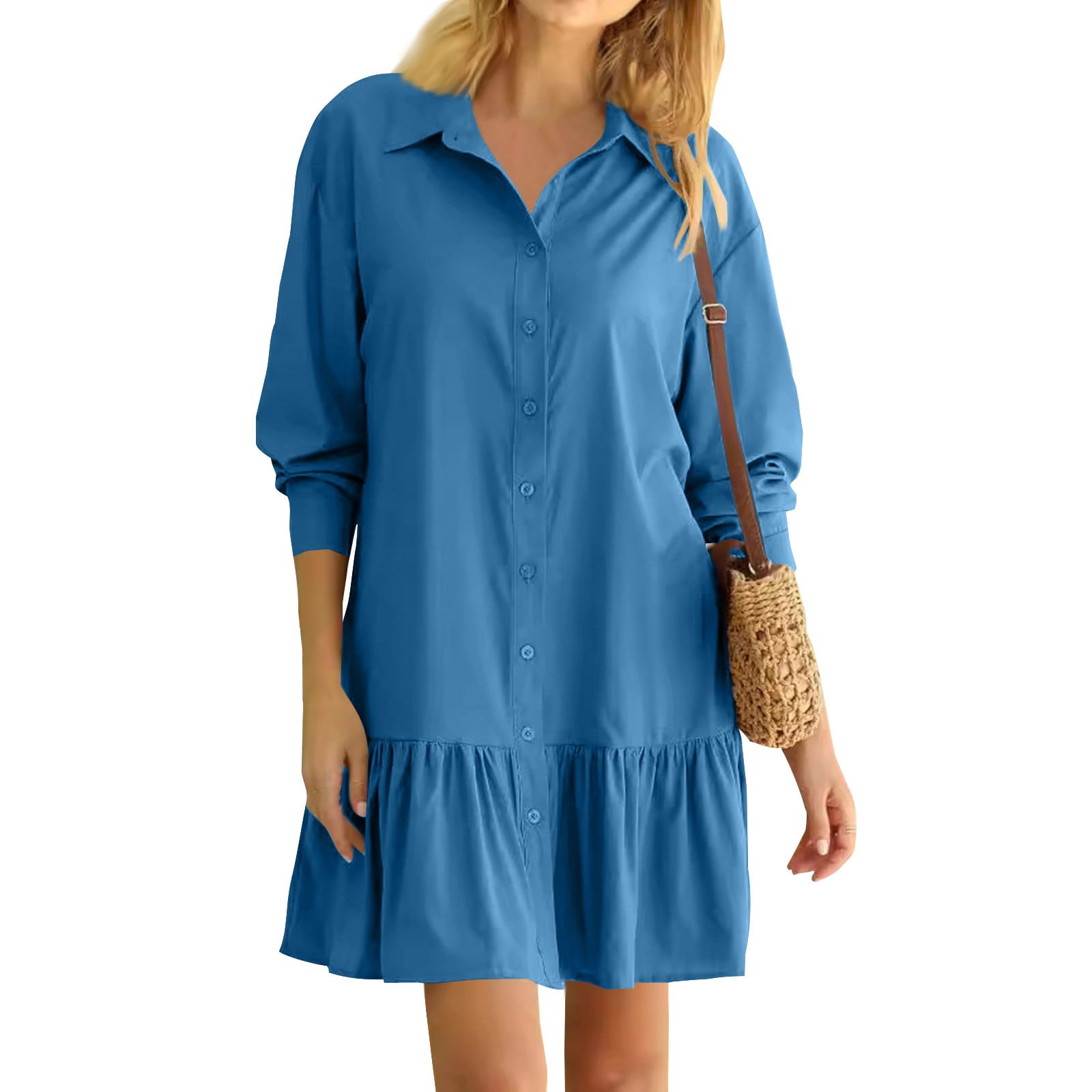 HaHaHappy Women's Shirt Dress Loose Lapel Collar Long Sleeves Button ...