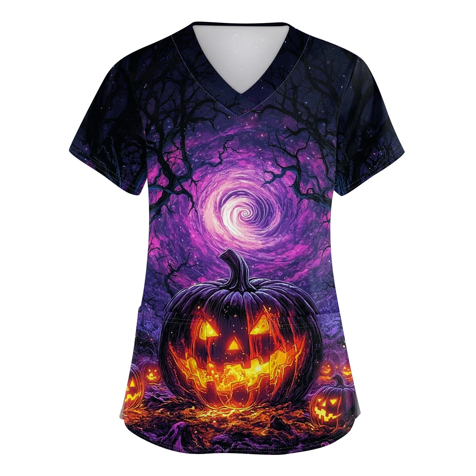 HaHaHappy Womens Halloween Scrubs Plus Size V Neck Horror Pumpkin Face ...