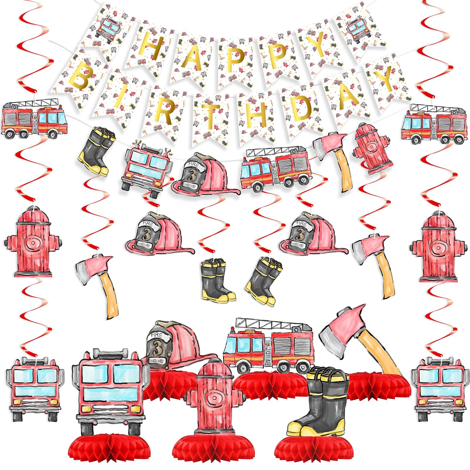 HaPiBiDesign Firetruck Party Decorations Kit - Banners, Swirls and ...