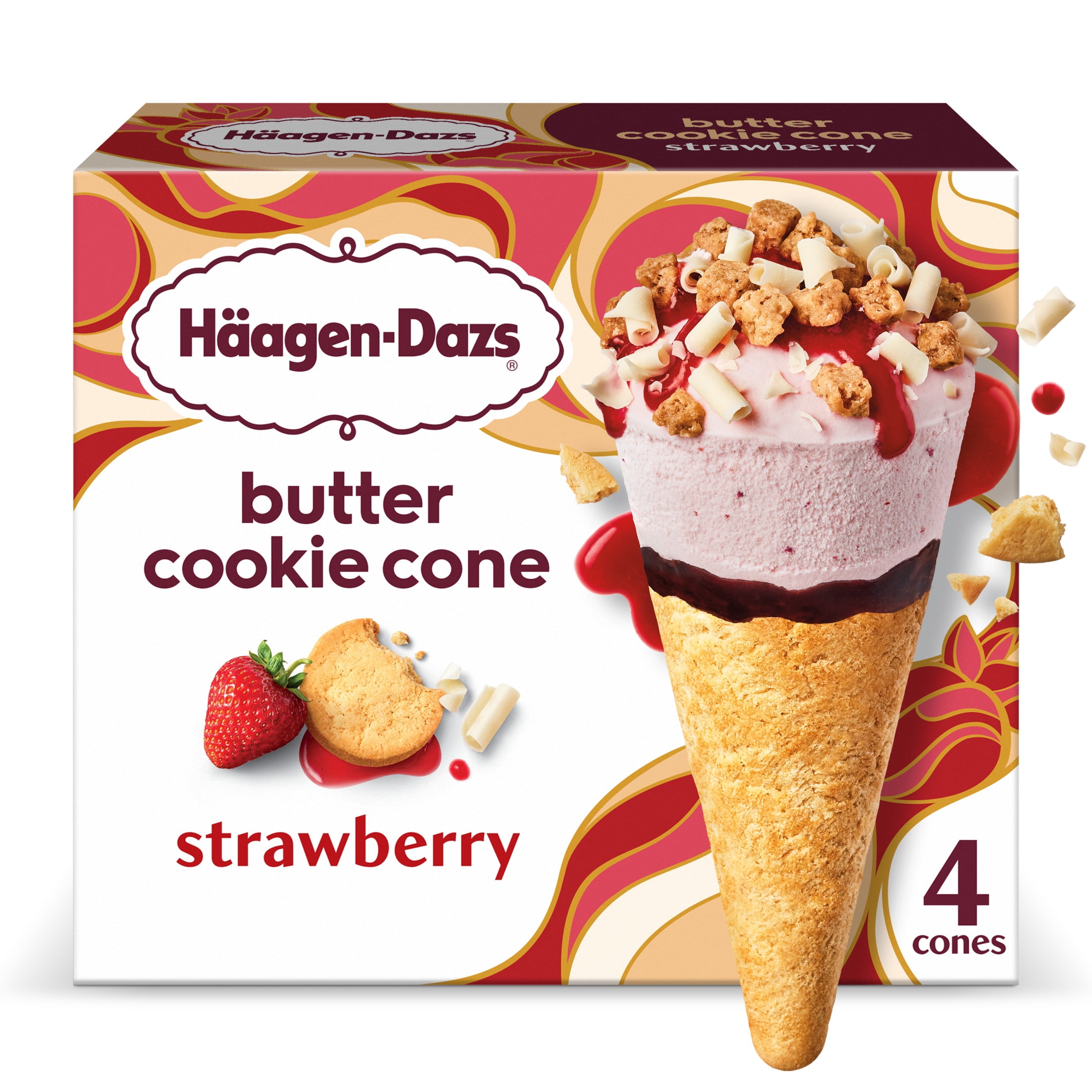 Haagen Dazs Strawberry Butter Cookie Ice Cream Cone Dessert, 4 Count ...