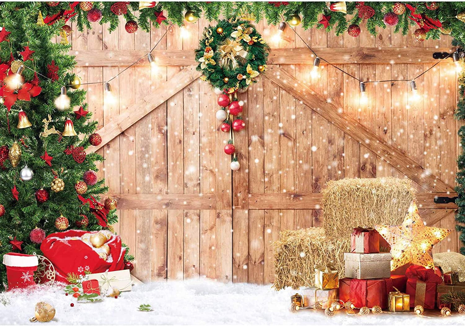 Haboke 8x6ft Soft Fabric Rustic Christmas Farm Wood Door Backdrop for ...