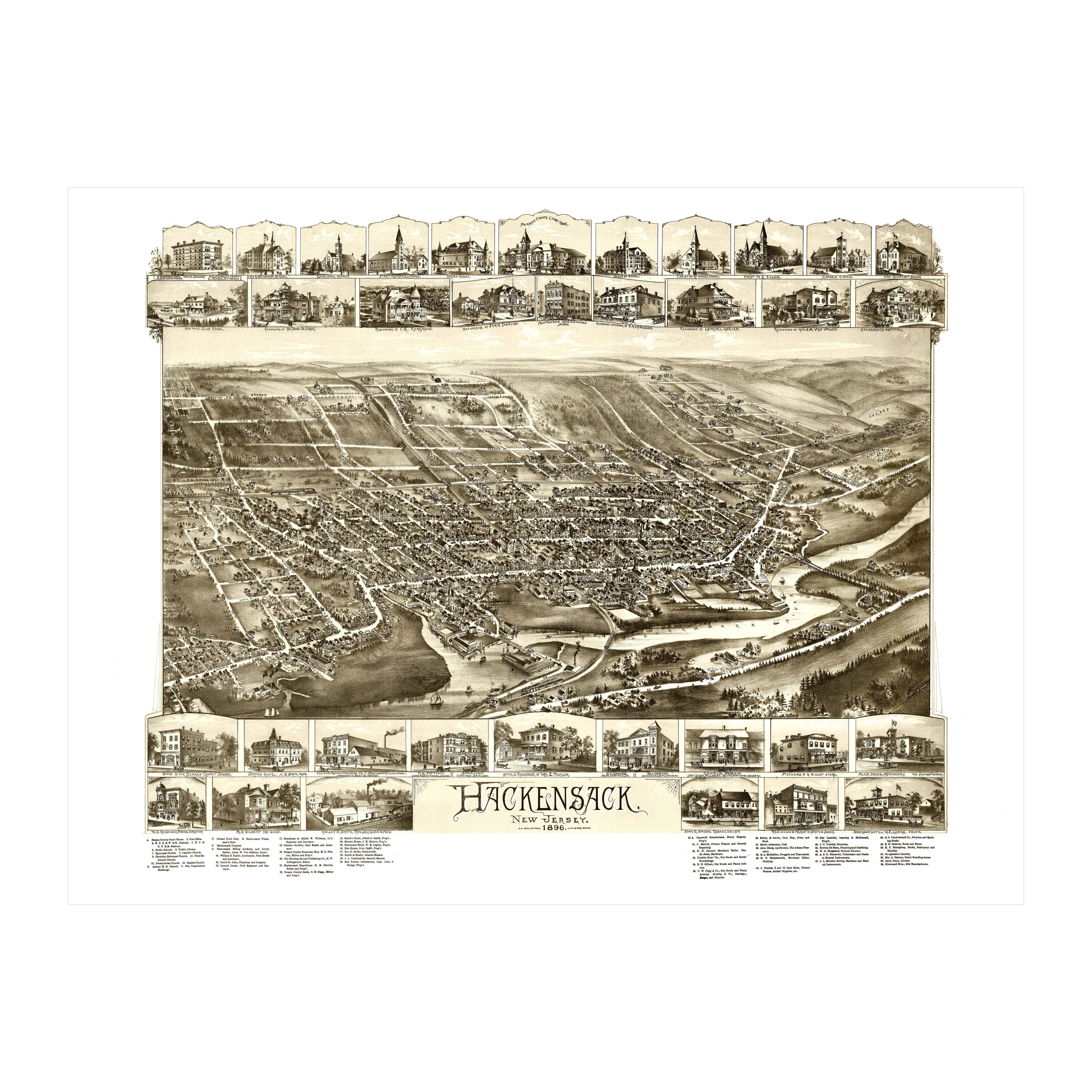 Hackensack Art, 1896 Vintage Map of Hackensack New Jersey, NJ History ...