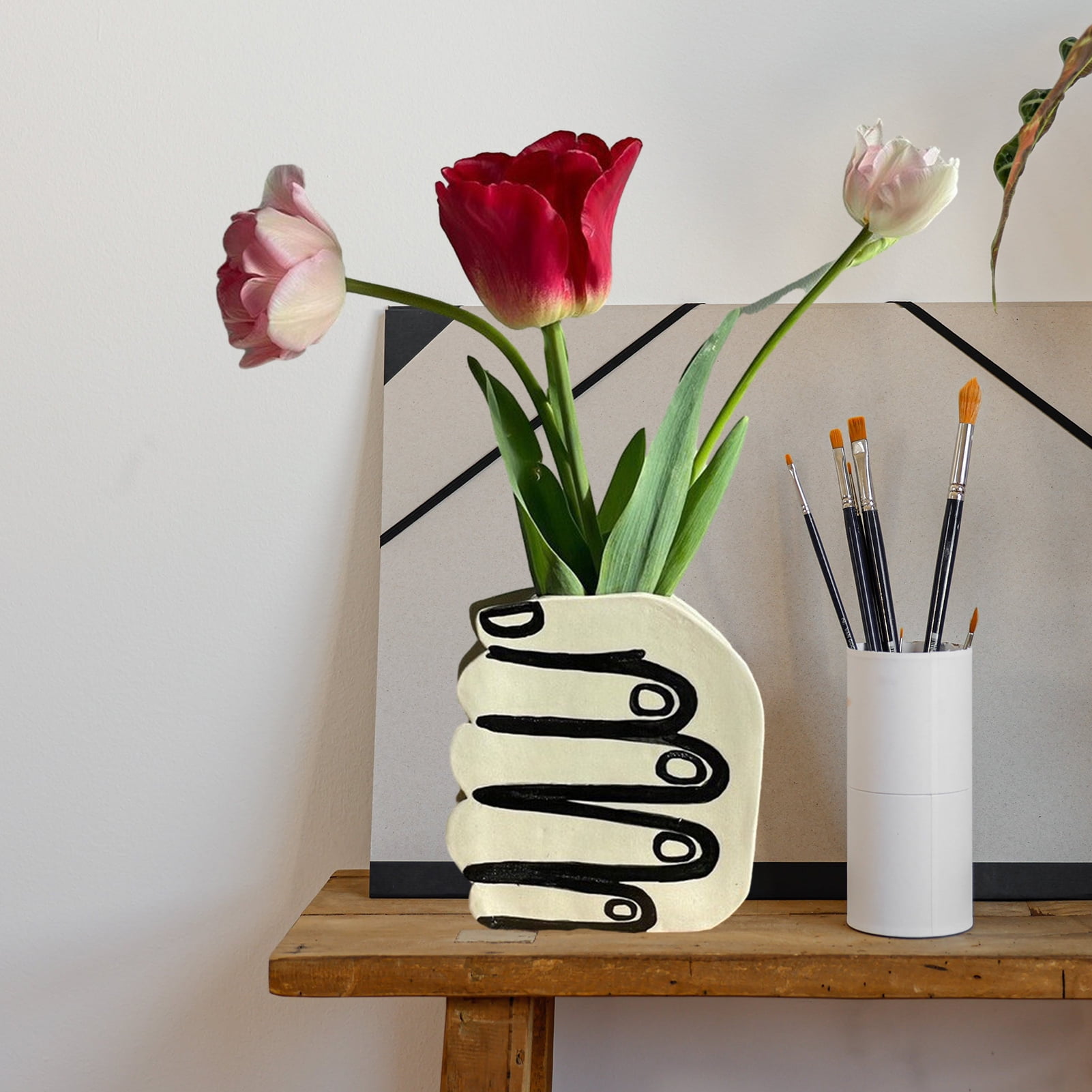 Hadanceo White Ceramic Hand Vase Creative Finger-painted Vase Modern Nordic Style Decorative ...
