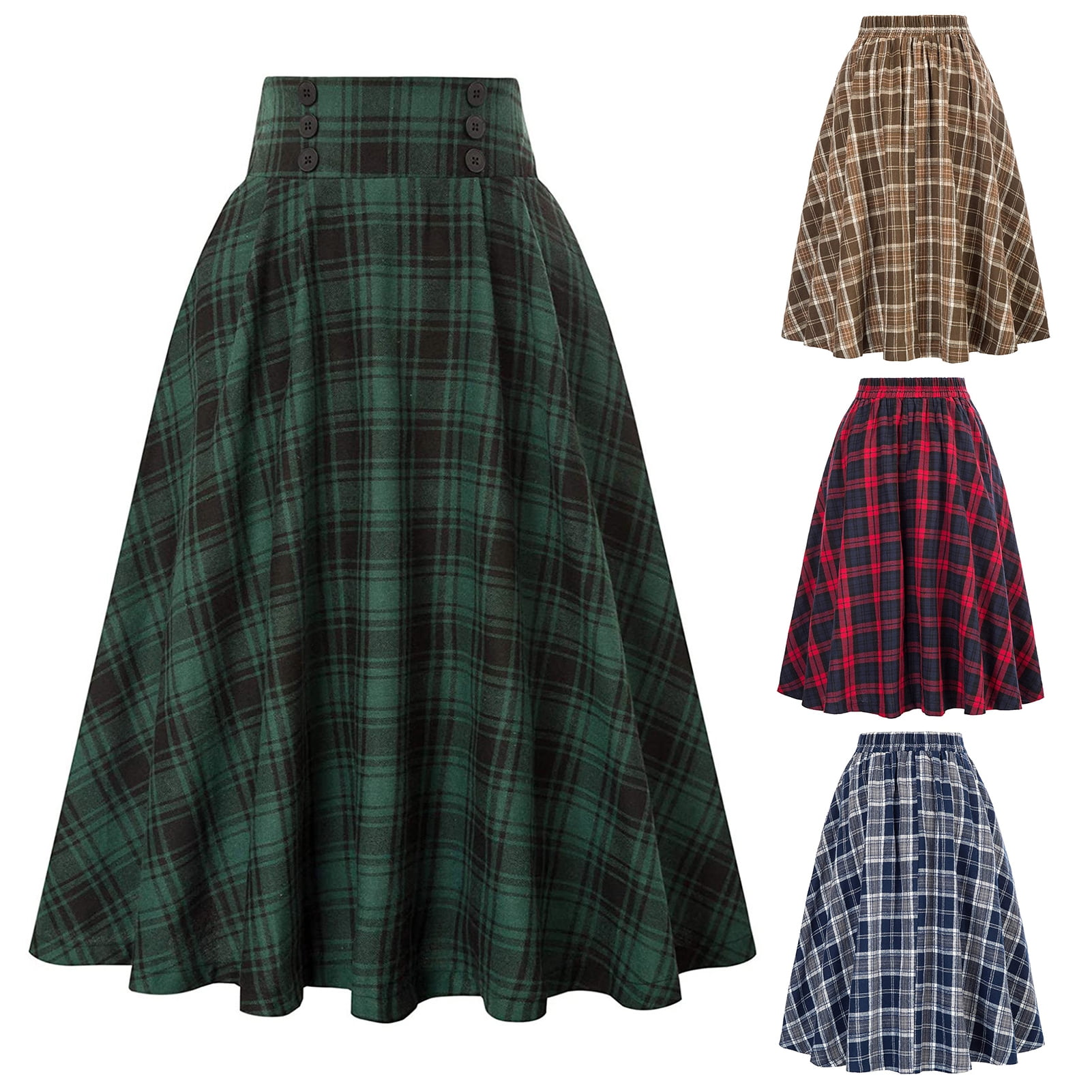 Hadanceo Women Skirt High Elastic Waist Big Hem A-line Colorblock Plaid ...