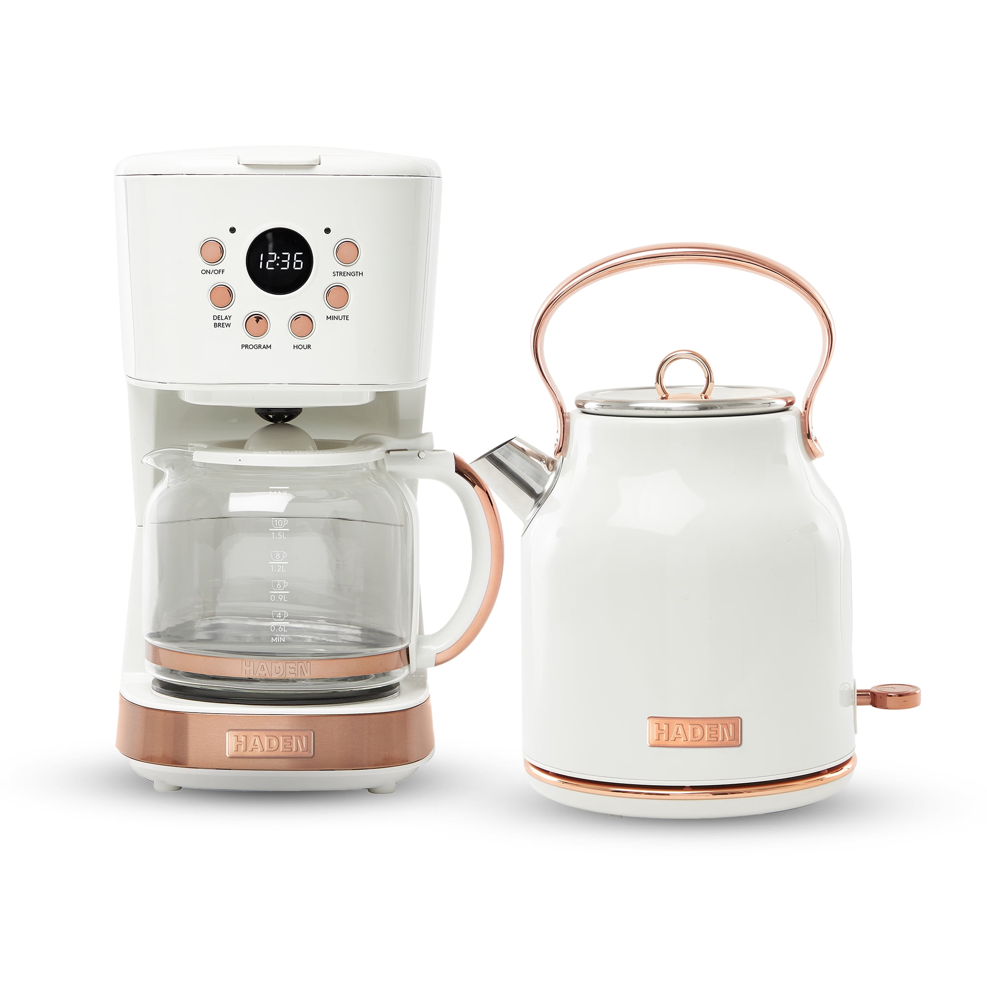 Haden Coffee Maker & Heritage 1.7 Liter Electric Kettle, Ivory & Copper ...