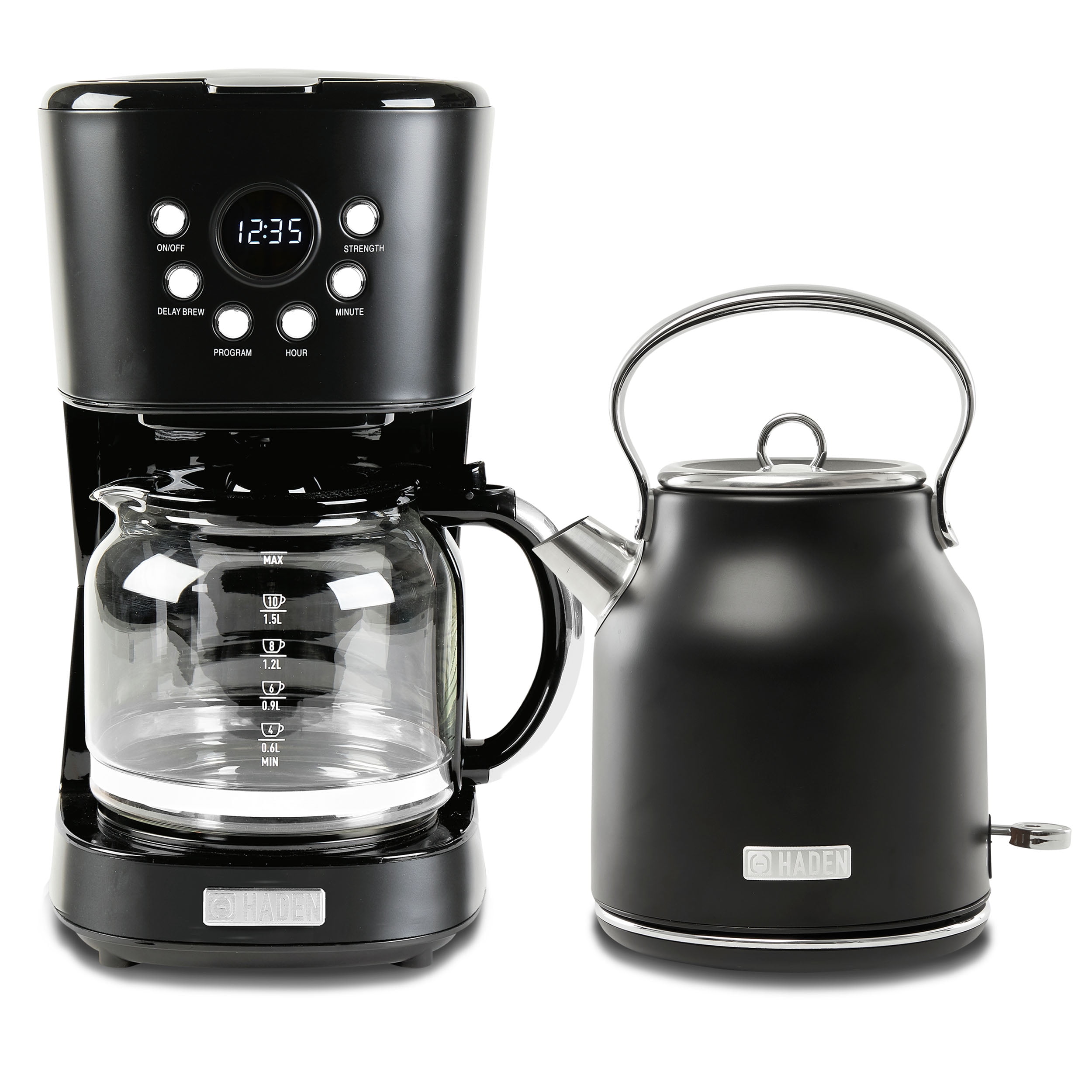 Haden Coffee Maker & Heritage 1.7 Liter Electric Kettle, Black & Chrome ...