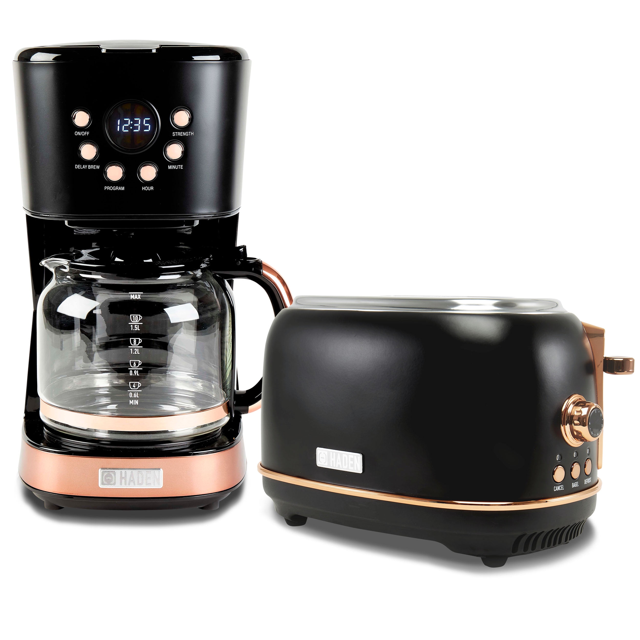 Haden Heritage 2 Slice Wide Slot Toaster & Coffee Maker, Black & Copper ...