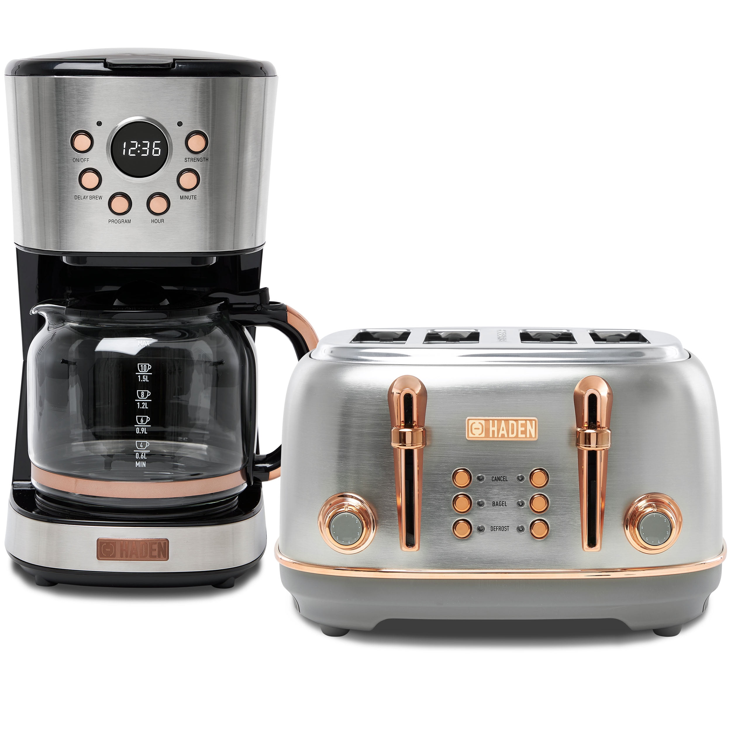 Haden Heritage 4 Slice Wide Slot Toaster & Coffee Maker, Steel & Copper ...