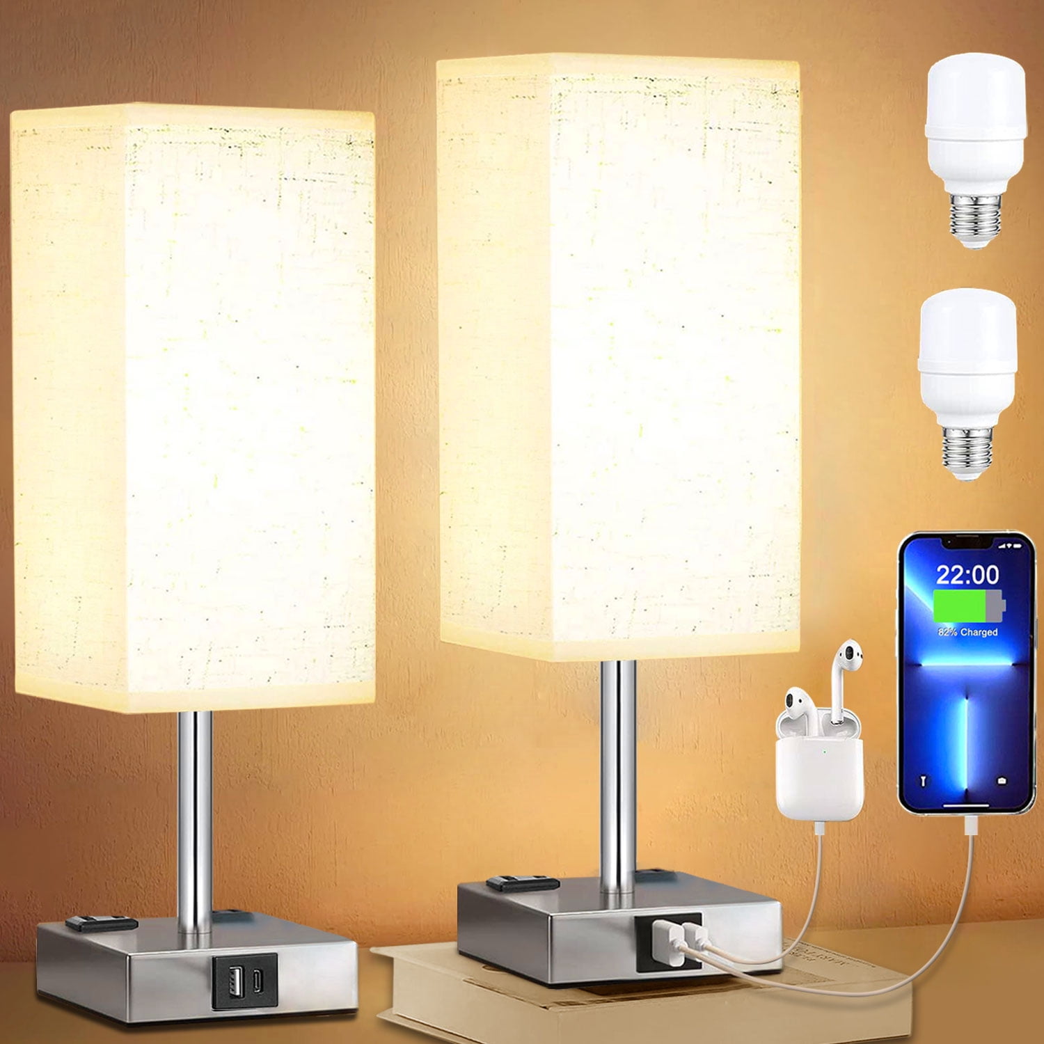 Walmart 2-Pack 3-Way Dimmable Touch Lamps with USB A+C Ports, AC ...
