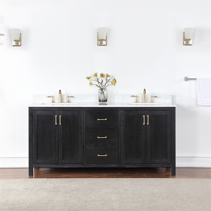 "Hadiya 72"" Double Vanity Set, Black Oak, Aosta White Stone Countertop, No Mirror" - Walmart.com
