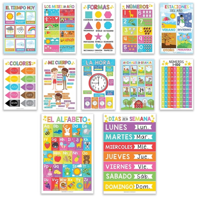 Hadley Designs 17" x 11" Colorful Spanish Preschool Educational Posters ...