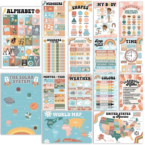 Hadley Designs 17" x 11" Retro Boho Preschool Educational Posters For ...