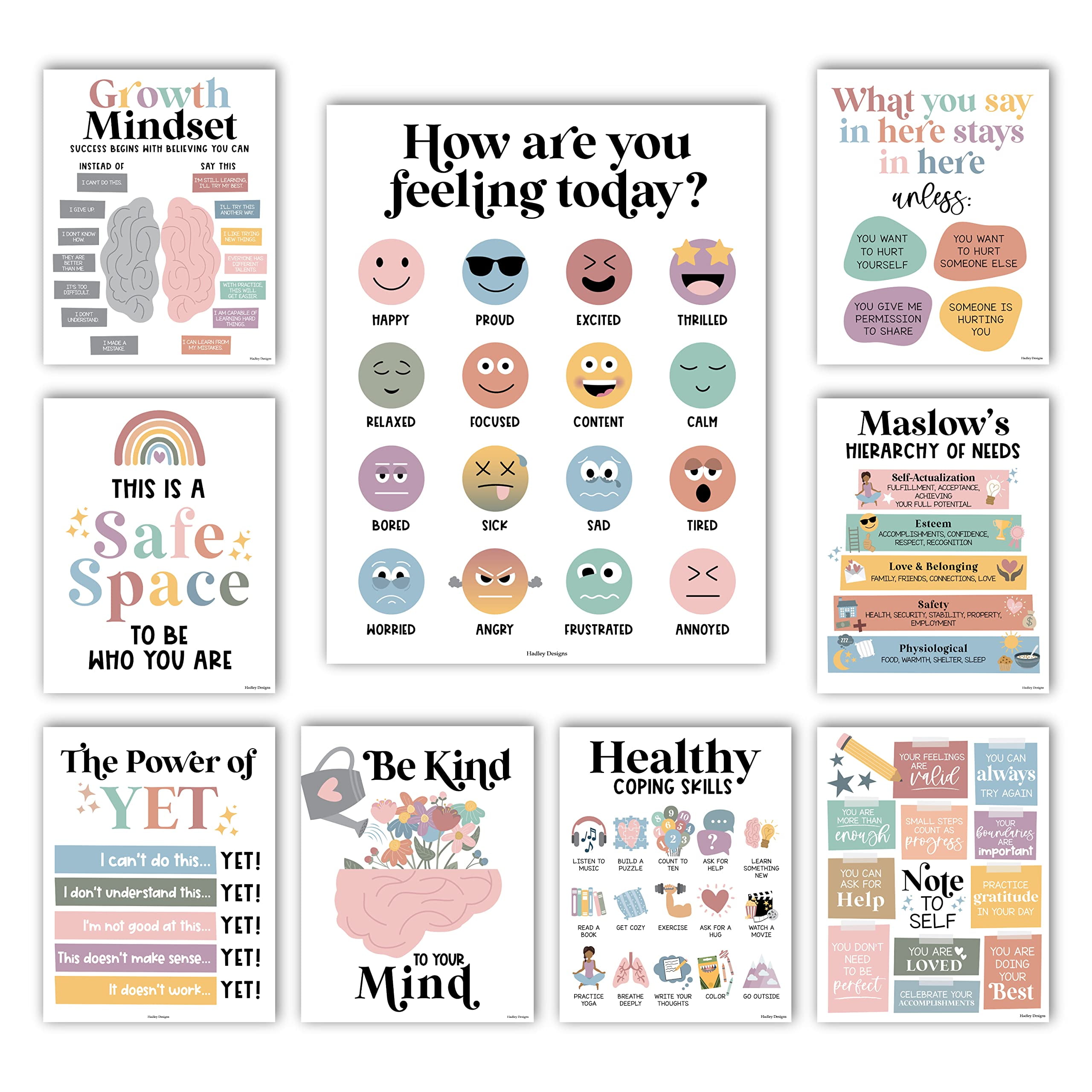 Hadley Designs 9 Boho Mental Health Posters For Classroom Elementary ...