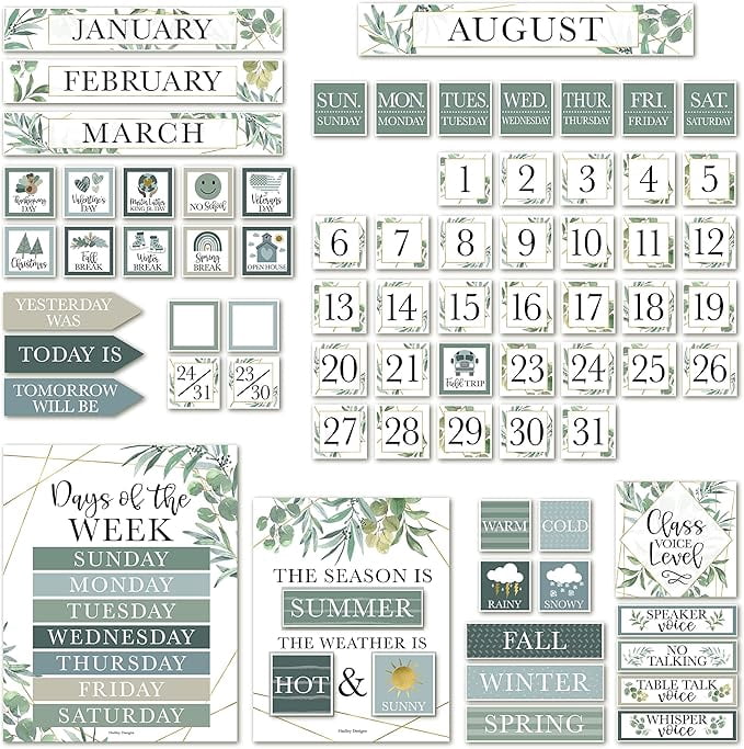 Hadley Designs Greenery Classroom Calendar Set Bulletin Board Sets For ...