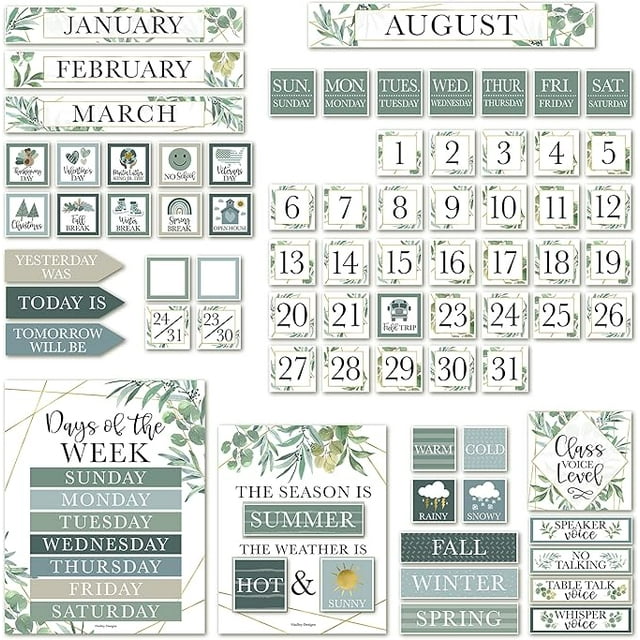 Hadley Designs Greenery Classroom Calendar Set Bulletin Board Sets For ...