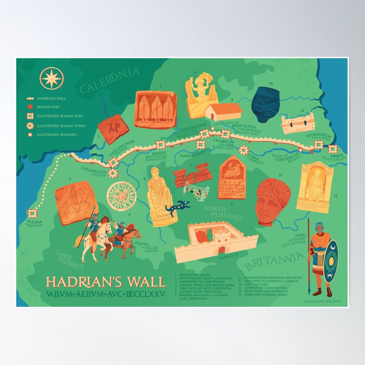 Hadrians Wall Illustrated Map Poster Wall Art, Modern Wall Decor For ...