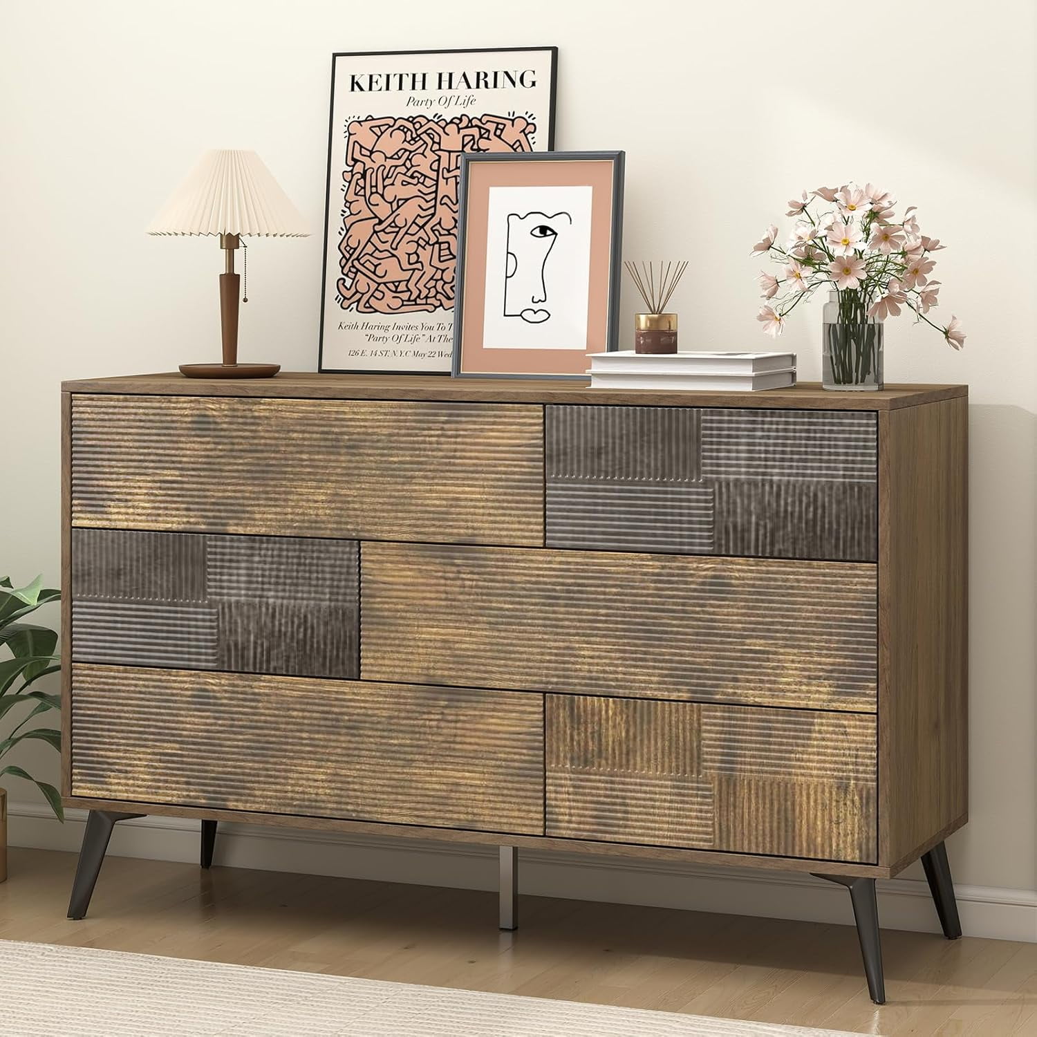 Hadulcet Fluted 6 Drawers Dresser for Bedroom, 47” Wide Handleless ...