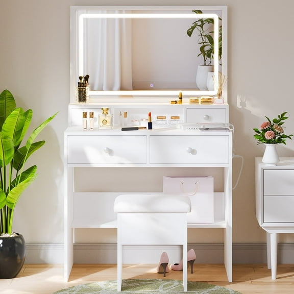 Compact Vanity Desk with Mirror, LED Lights, Charging Station & Stool ...