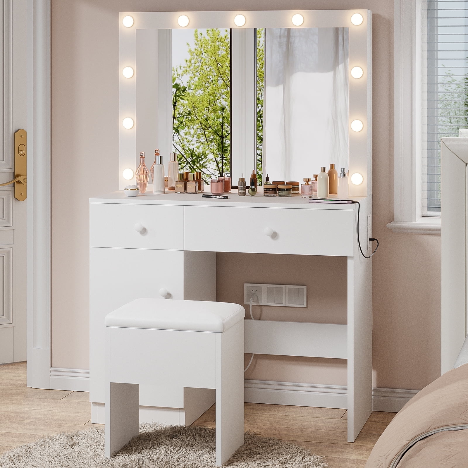 Haewon 32" Vanity Desk with Large Mirror, LED Lights, AC Outlet, USB ...