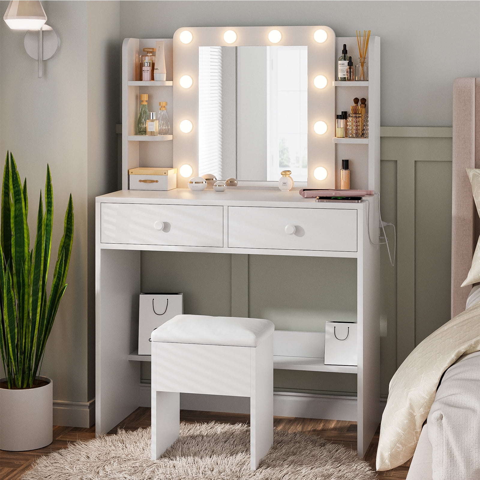 Haewon Vanity Desk with Mirror and LED Light, Power Outlets, Makeup ...