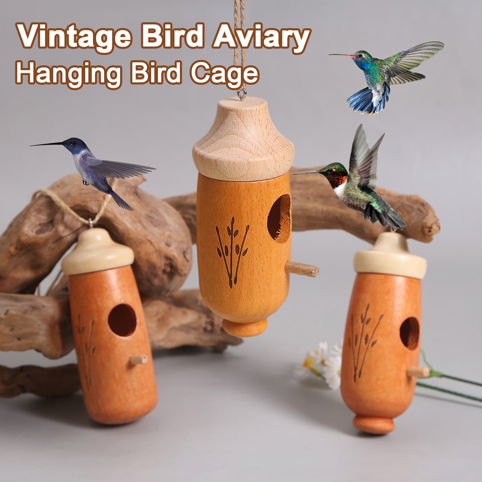 Hahasong Hummingbird House - Unique Shape Hanging Bird Cage - Wooden ...