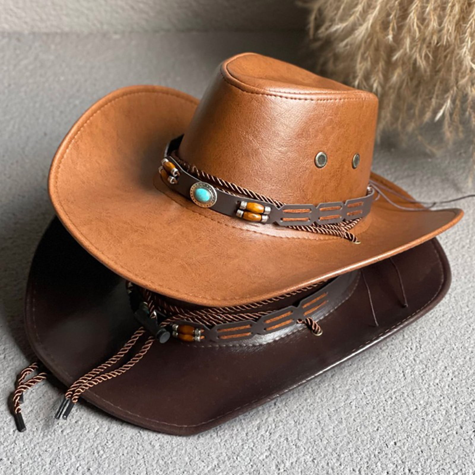 Hahasong Retro Ethnic Style Belt Decor Faux Leather Western Cowboy Hat - Vintage Gentleman Dress ...