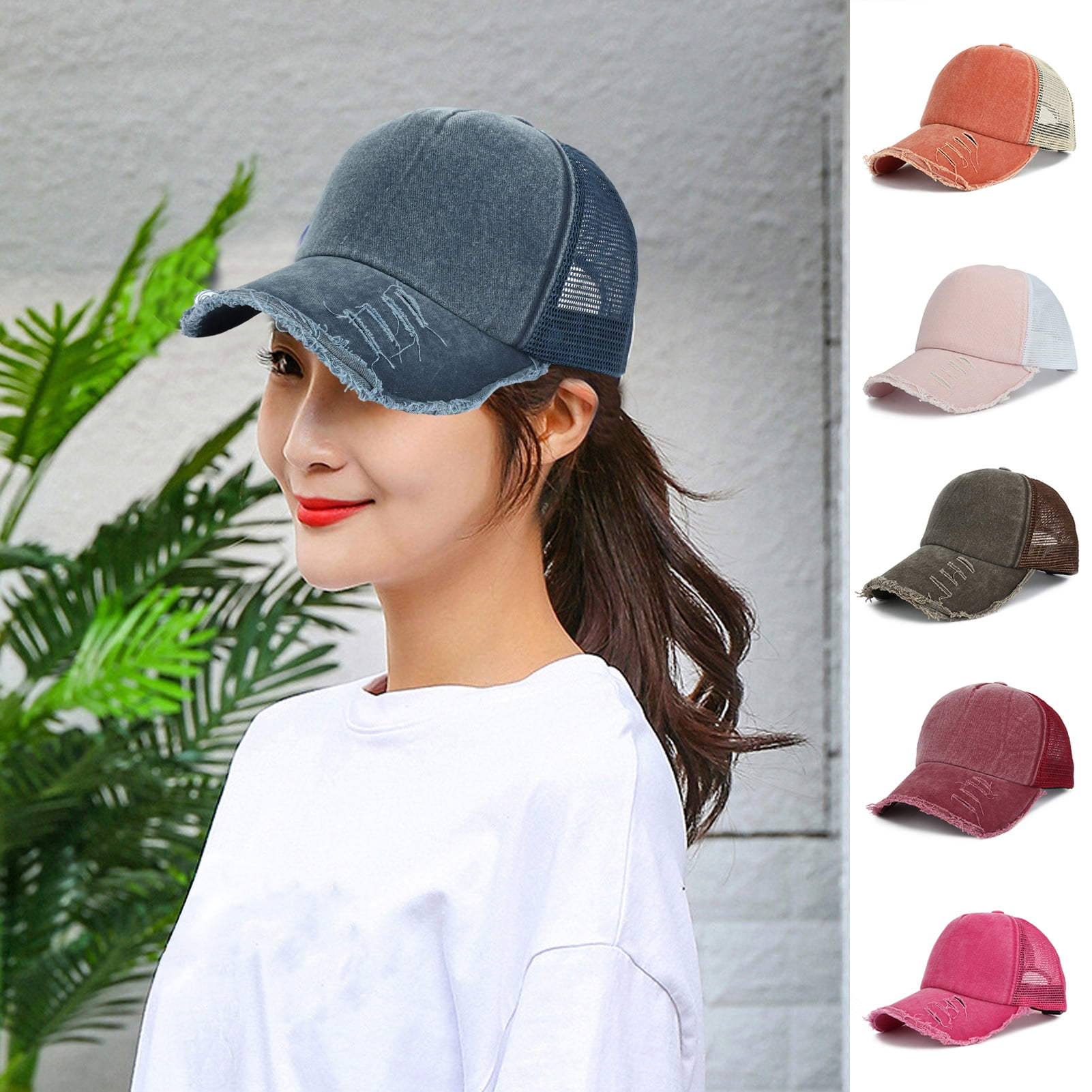 Hahasong Summer Peaked Cap with Ripped Sunshade Decor, Long Brim Mesh ...