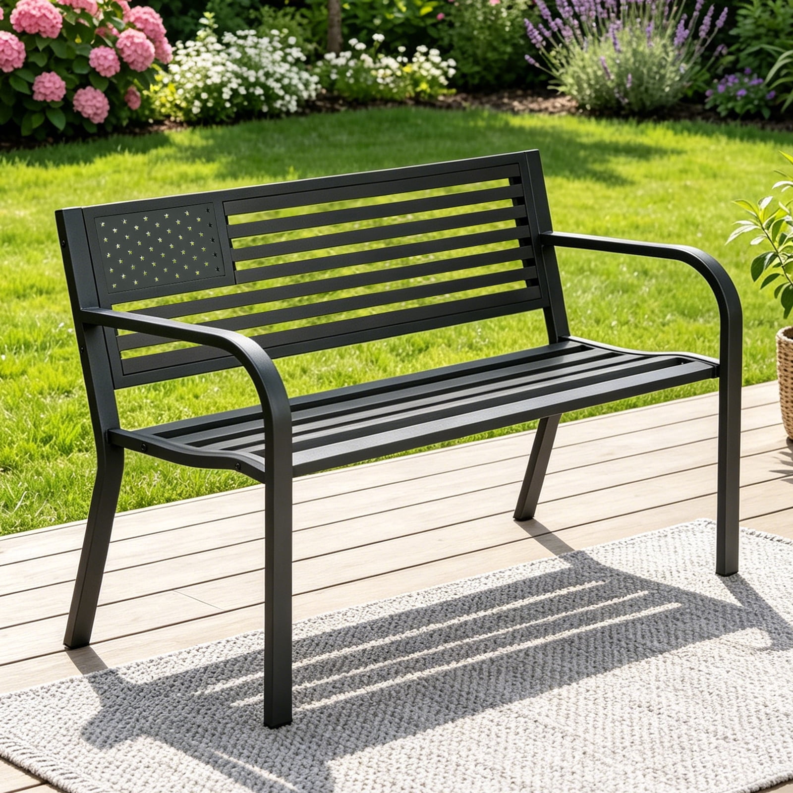 HaiCube Outdoor Bench with American Flag Backrest, Sturdy Cast Iron ...
