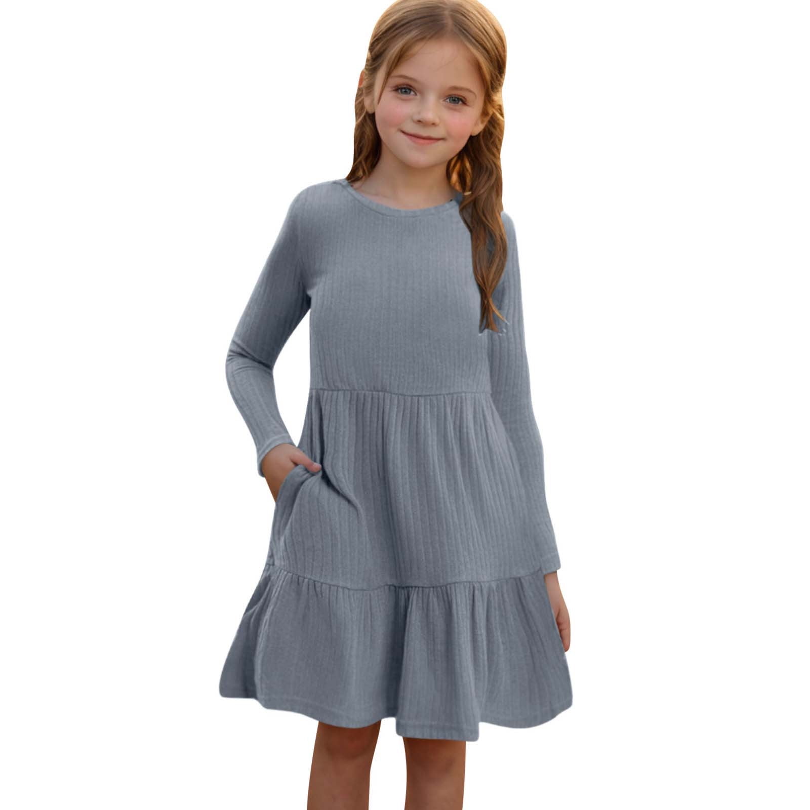 HaiMao Girls Knit Dress Clearance Crew Neck Long Sleeve Plain A-Line ...