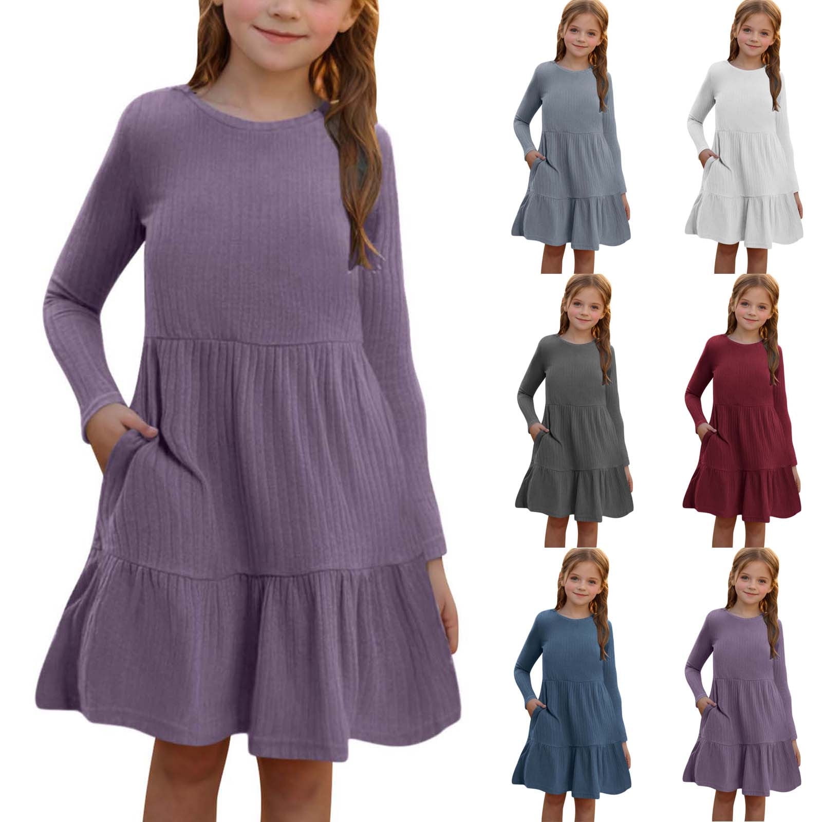 HaiMao Girls Knit Dress Clearance Crew Neck Long Sleeve Plain A-Line ...